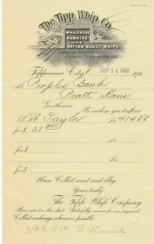 U.S. THE TIPP WHIP CO. Logo 1902 Rawhide & Rattan Whips Retd Invoice ...