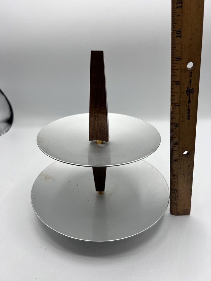 VTG MCM Mirro Medallion Aluminum Teak Tiered Serving Tidbit Tray ‘50s ...