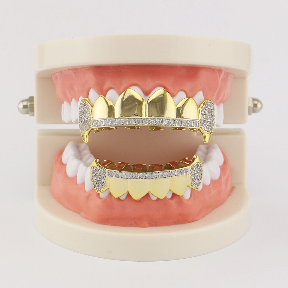 ICED Out CZ Hip Hop Teeth Grillz For Men Real 18K Gold Plated for Party ...