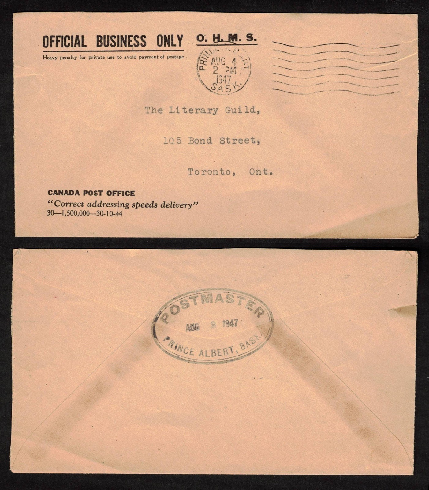 #8 OHMS tan cover Prince Albert Sask. oval postmaster stamp on back (B2 ...