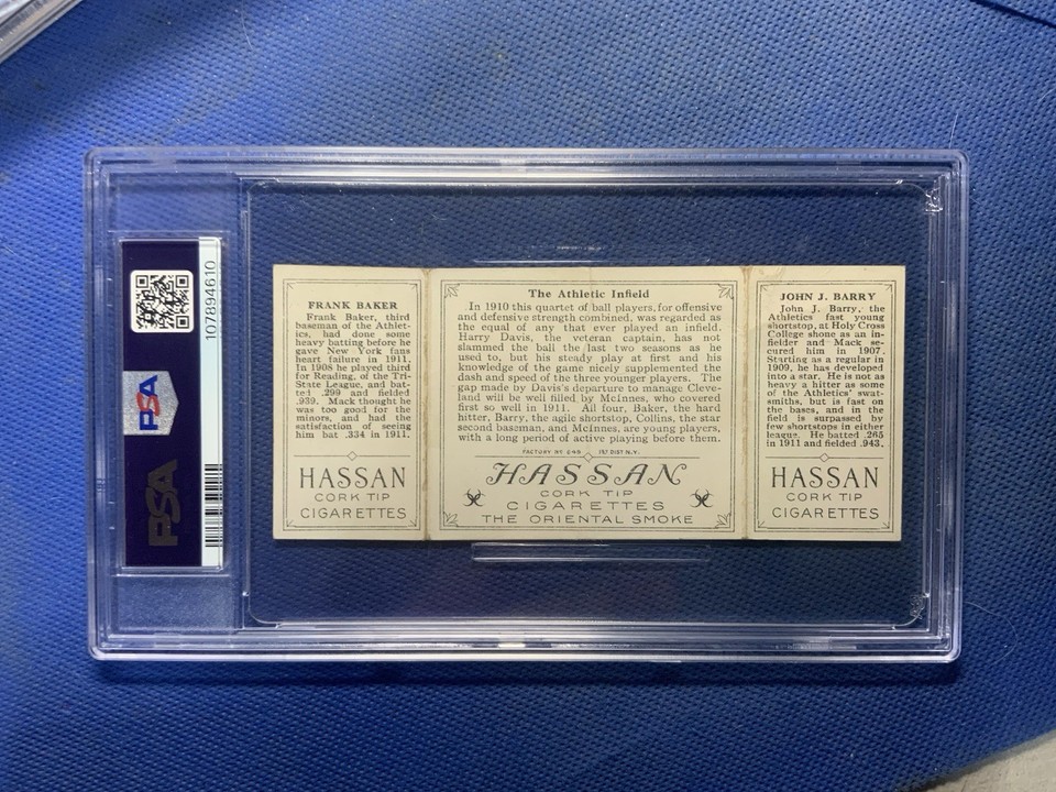 T202 Hassan Triple Folder Athletic Infield BARRY / BAKER Vintage PSA 1. ...