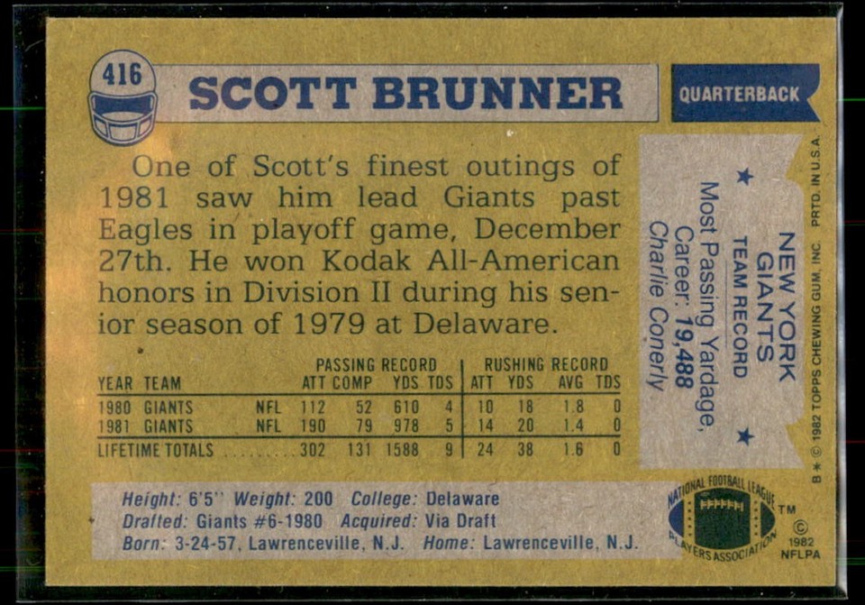 1982 Topps Scott Brunner RC #416 New York Giants | eBay