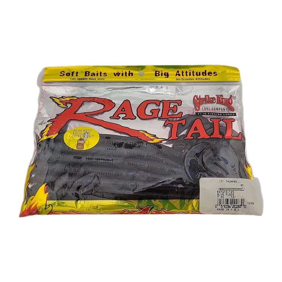 5 Bags Strike King Rage Tail 10" Thumper Worm Coffee Scent 7 Count Blue ...