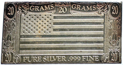 USA US The Silver Mint 20 GRAMS American Flag OLD Silver BAR Medal ...