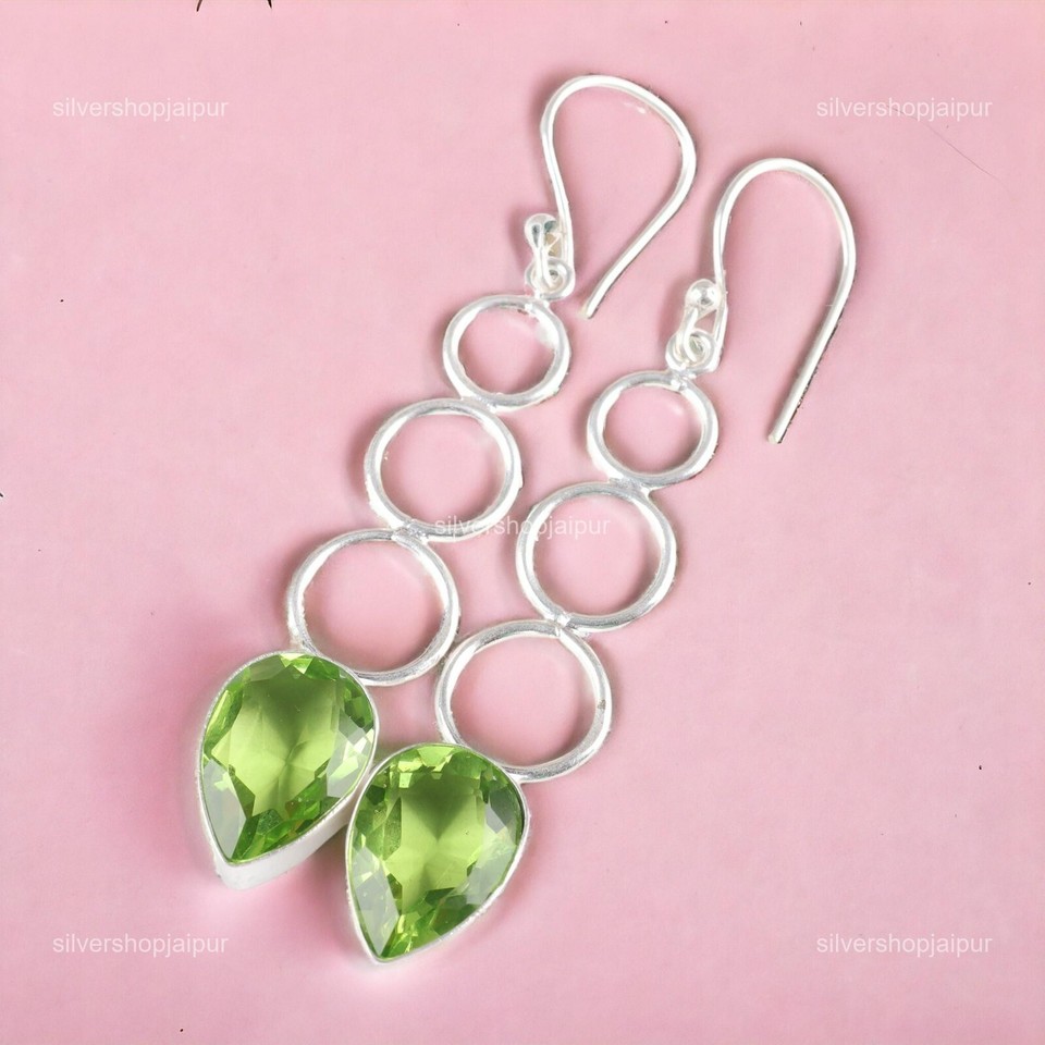 Peridot Gemstone Artisan Dangling Handcrafted Wife Earrings 925 ...