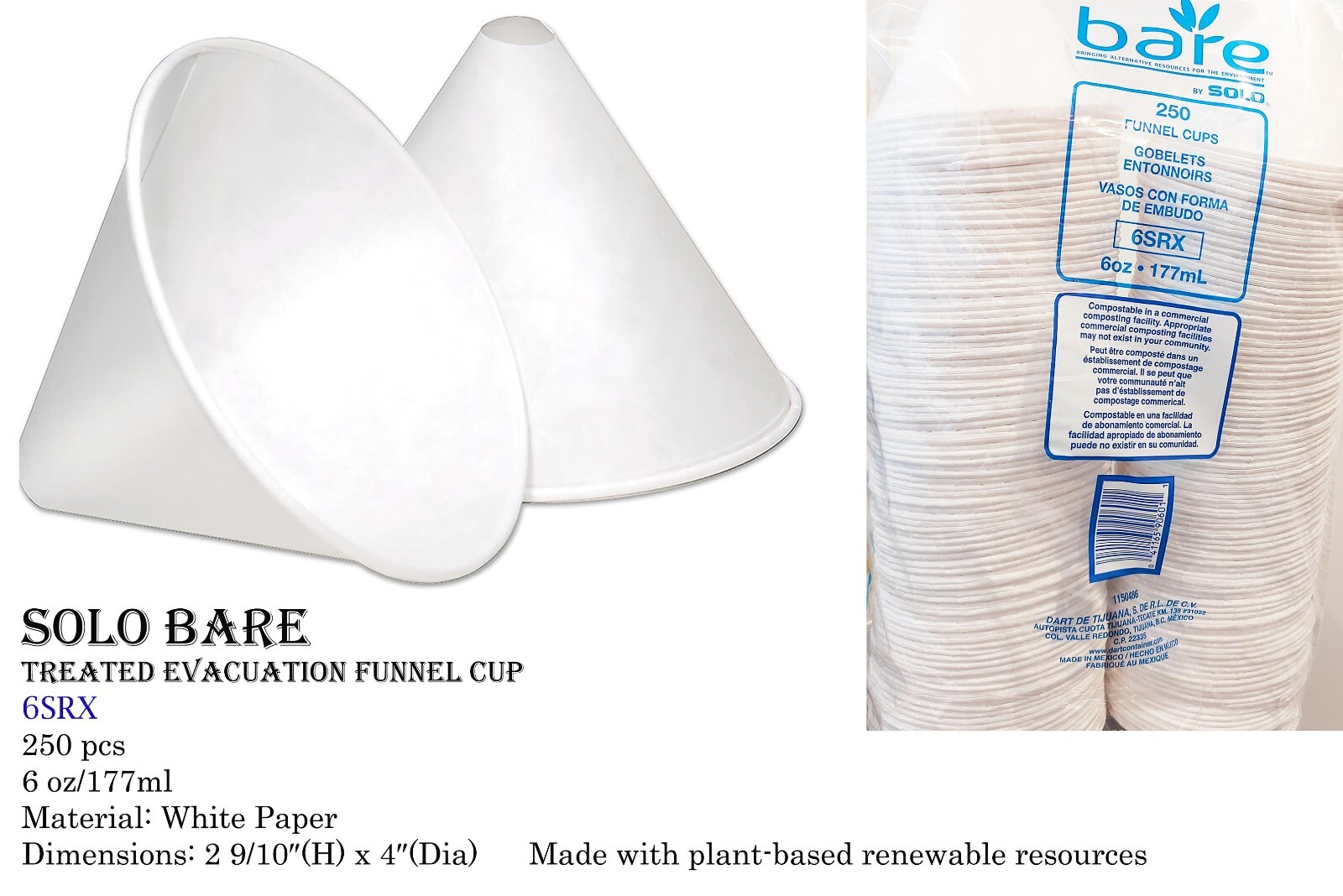 Pre Treated Paper Funnel Cup Evacuation Solo Bare 6 oz/177 ml, 250/500 ...