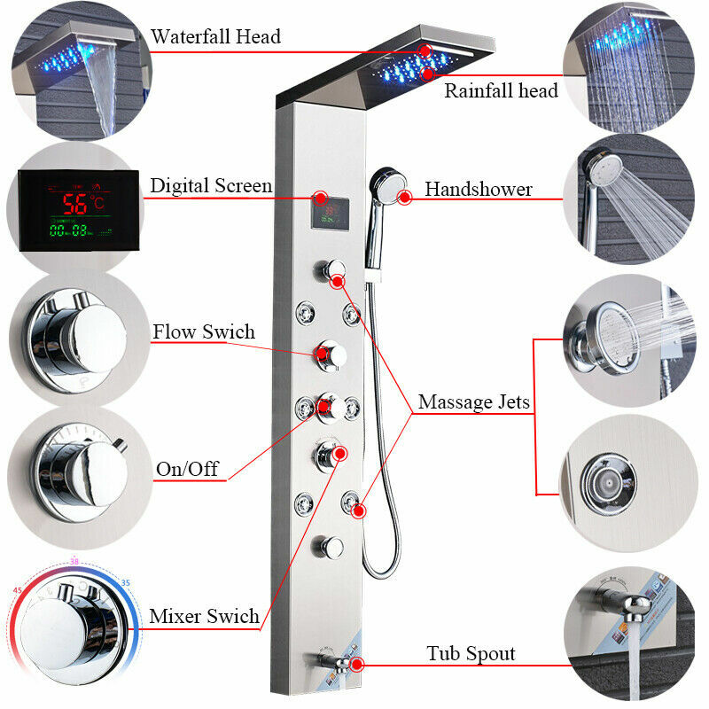 Shower Panel Tower System Stainless Steel 6-Function Faucet LED Rain ...