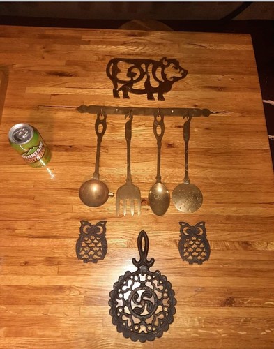 vintage kitchen lot brass cast iron trivets Cooking utensils decor ...