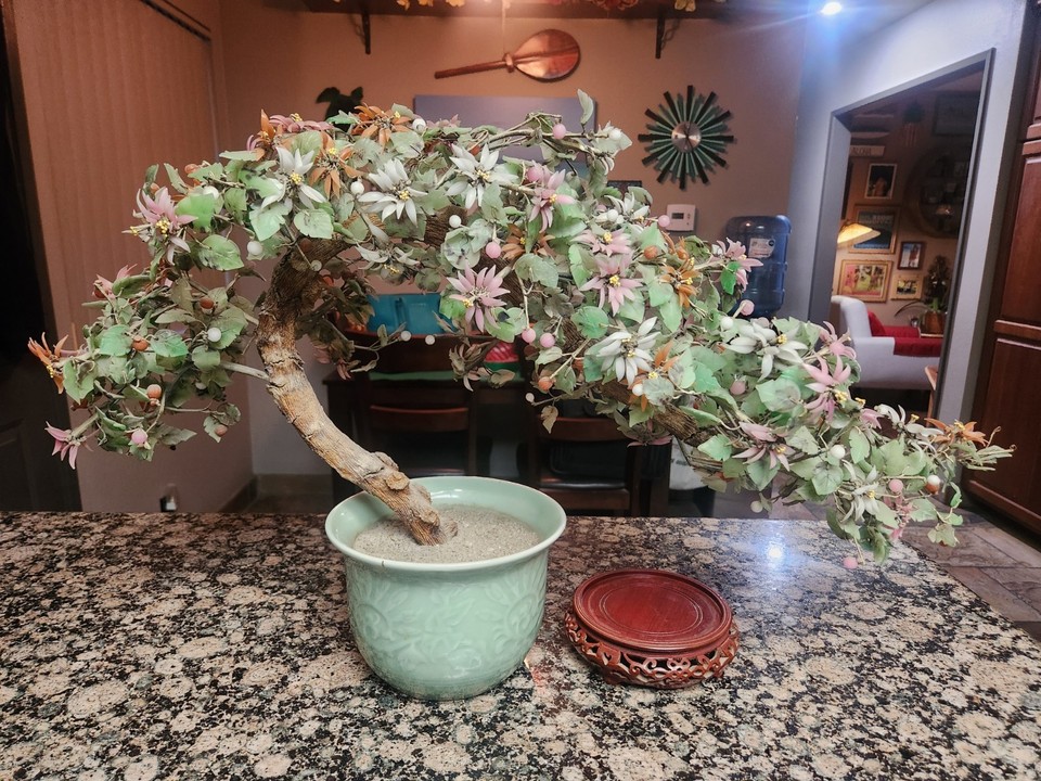 Vintage Chinese Jade Quartz Stone Glass Flower Bonsai Tree 17" x 29 ...