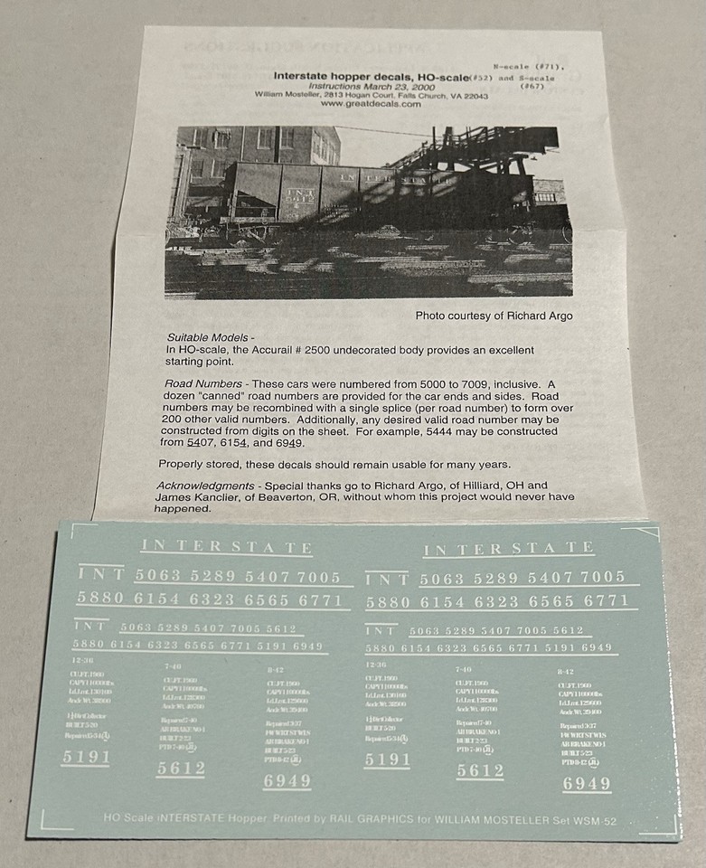 UNBRANDED (GREAT DECALS/RAIL GRAPHICS) HO DECAL-INTERSTATE HOPPER CAR ...