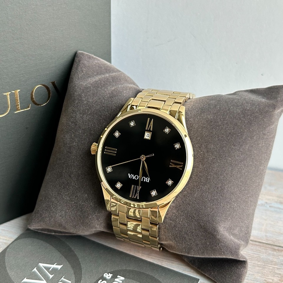 Bulova 97D108 Classic Men's Black Gold Dial Diamond Quartz Watch 40MM ...