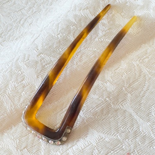 Victorian 4” Tortoise Shell Celluloid Chignon Hair Pin Rhinestone Comb ...