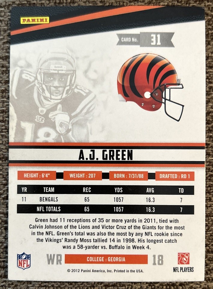 2012 PANINI ROOKIES & STARS TRUE BLUE A.J. GREEN BENGALS CARD #31 NRMT ...
