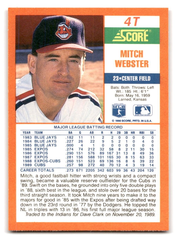 Mitch Webster 1990 Score Rookie & Traded #4T Cleveland Indians BASEBALL ...