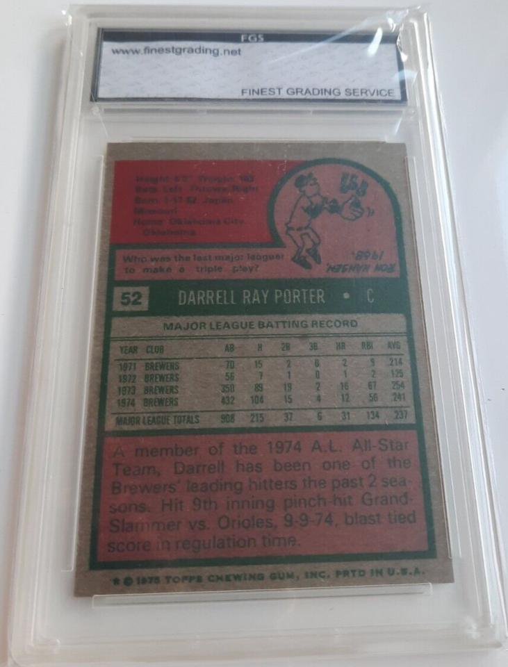 Darrell Porter 1975 Topps #52 FGS 9 Mint - Vintage Baseball Brewers ...