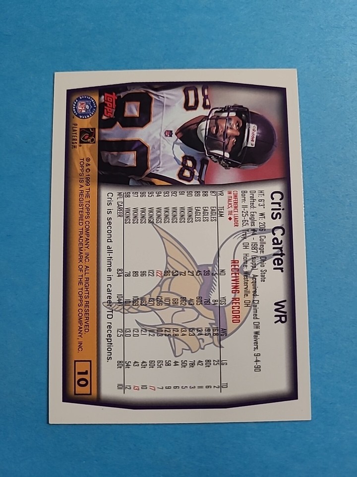 CRIS CARTER 1999 TOPPS FOOTBALL CARD # 10 I2436 | eBay
