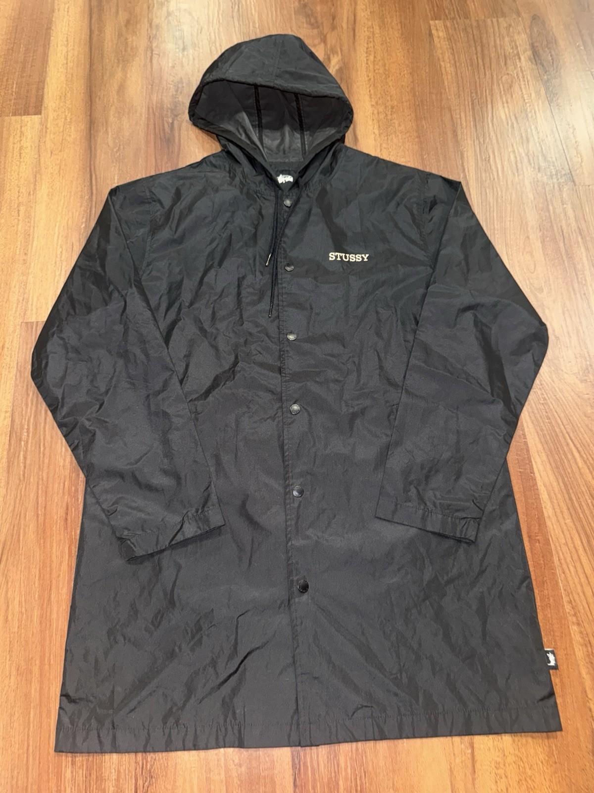 Stussy Jacket Mens Small Black Long Coach Hooded Rain Coat Big Logo | eBay