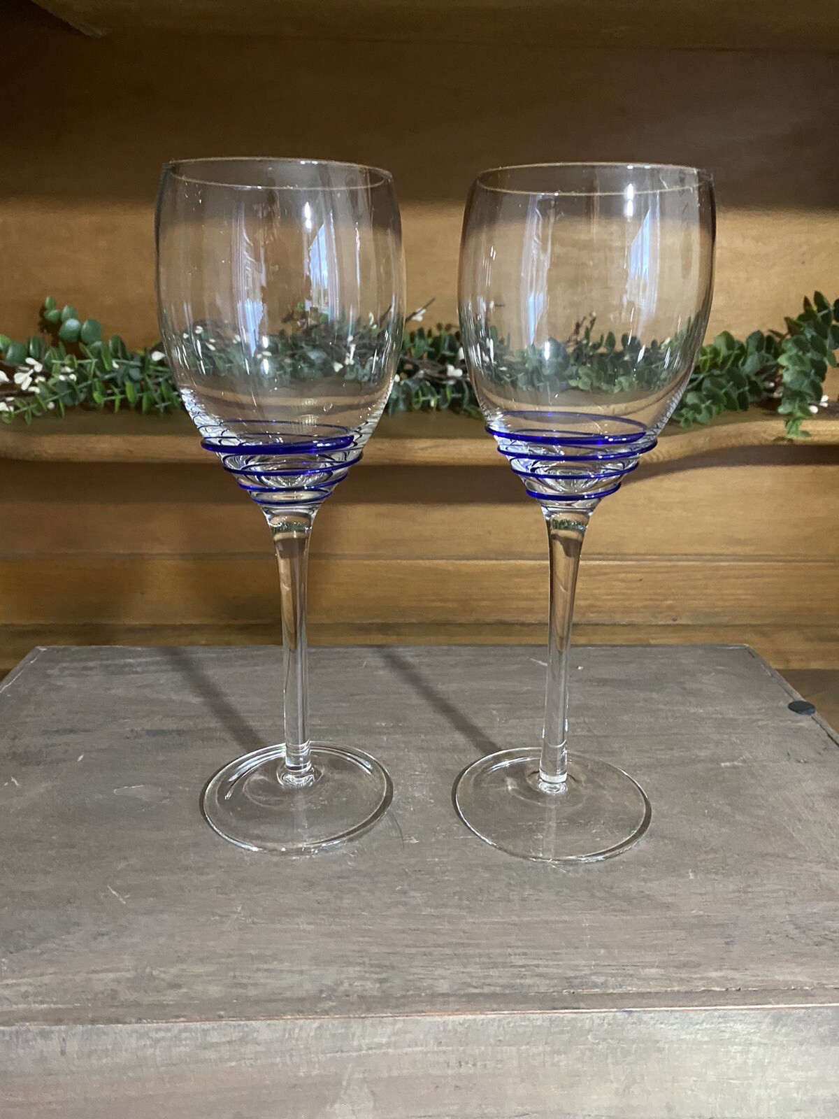 Set of 2 PIER 1 Blue Swirl Bowl 9" Water/Wine Glasses Goblets P1C44 ...