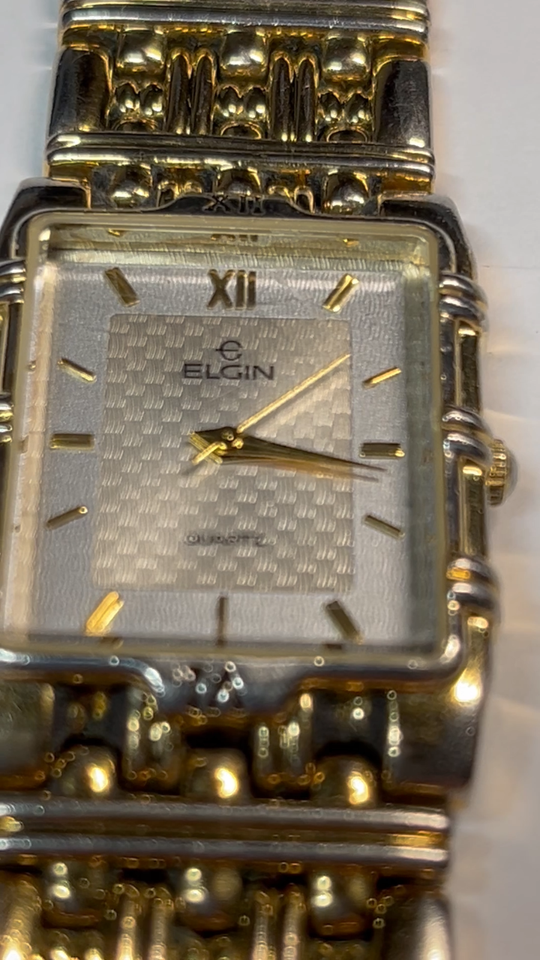 Elgin Diamond Quartz Gold Tone 32mm Rectangular integrated band new ...