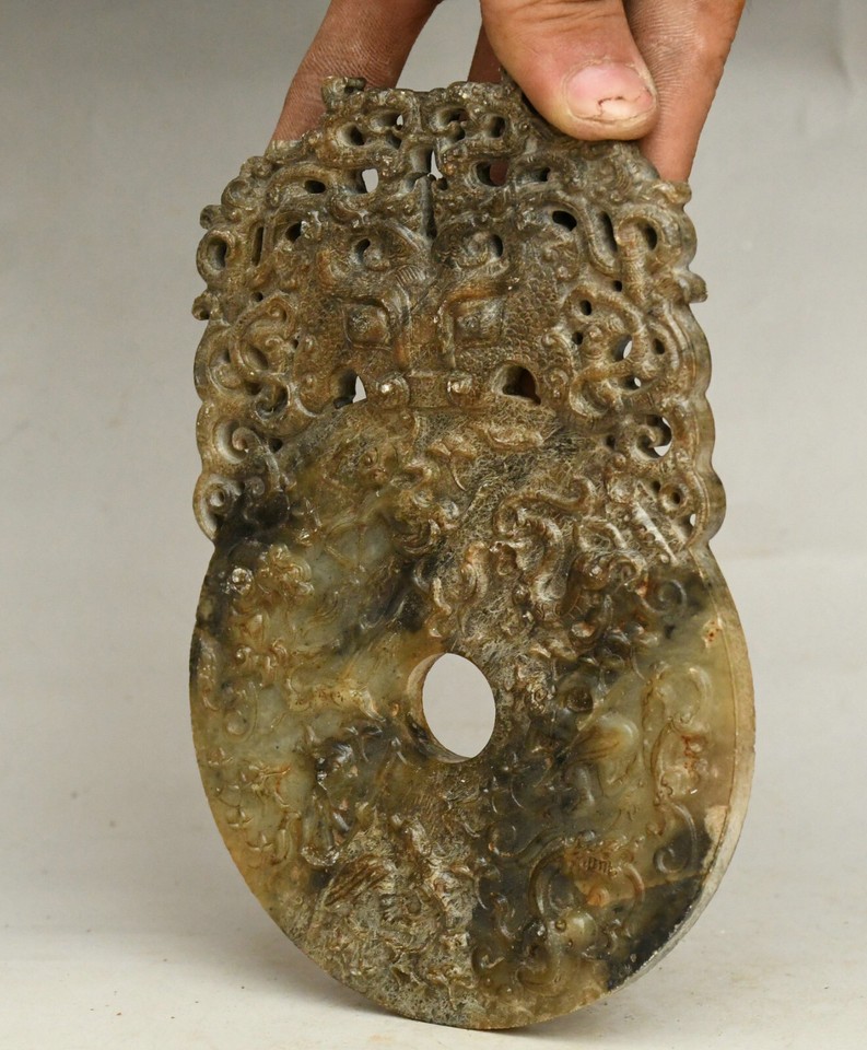 6.2" Chinese Xiu Jade Carved Dragon Phoenix Beast Face People Yu Bi ...