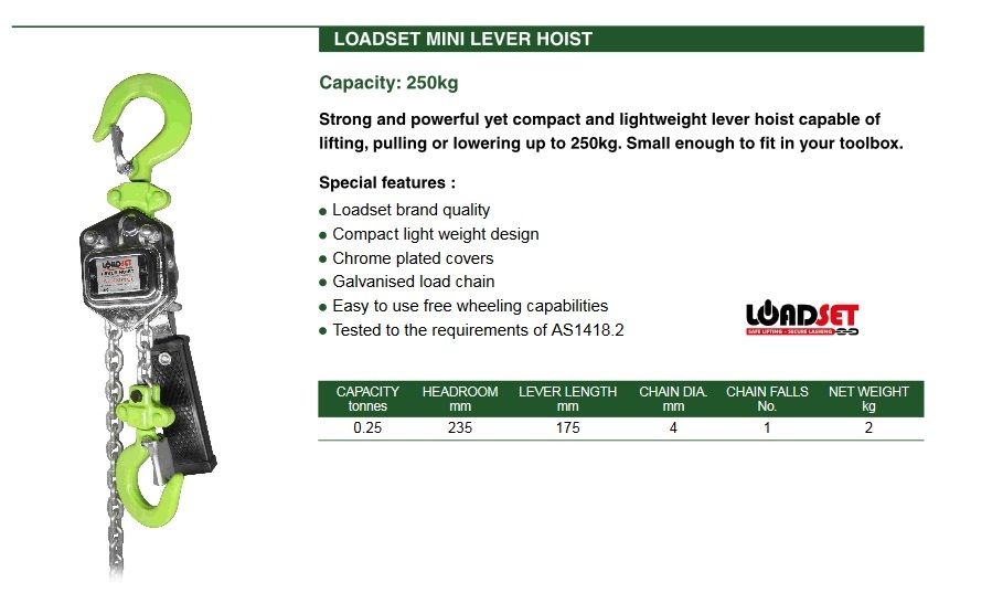 250Kg Loadset Lever hoist Comealong Lever Block AS1418.2 Compliant ...