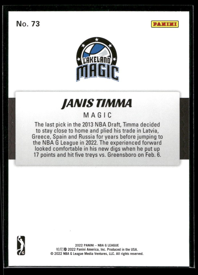 2021-22 Panini NBA G League Janis Timma BASE CARD Lakeland Magic #73 | eBay