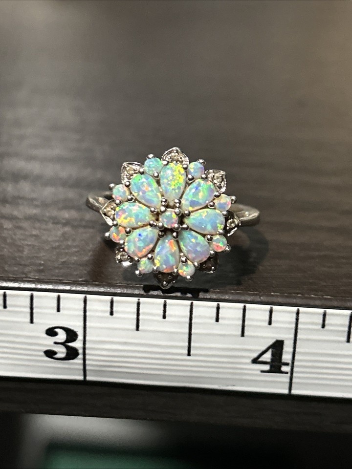 Vintage 17 Opal Flowerette Cluster Sterling Silver Ring 8 Diamond ...