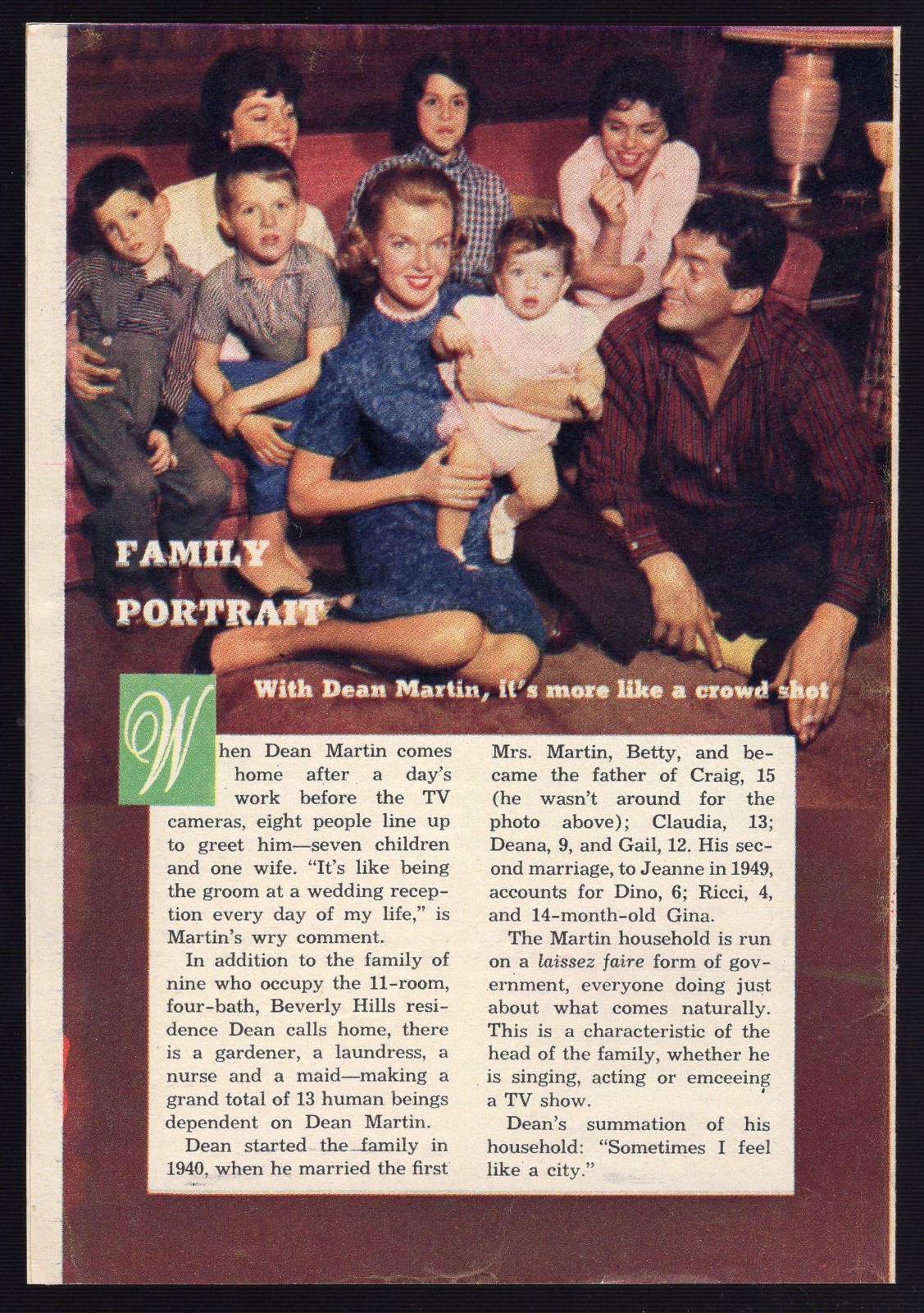 1958 TV ARTICLE DEAN MARTIN FAMILY WIFE JEANNE AND KIDS CLAUDIA,DIANA ...