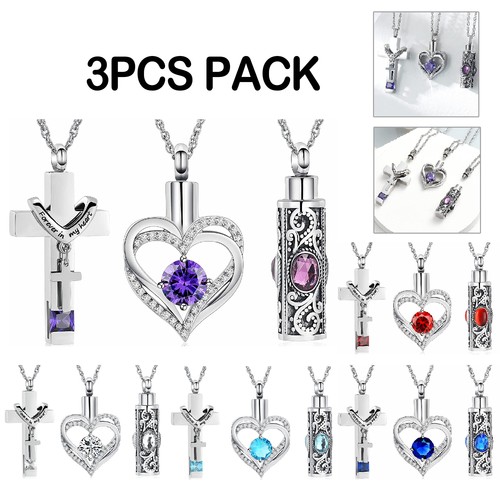 3PCS Set Birthstone Cross Heart Cylinder Mini Urn Necklace For Ashes ...