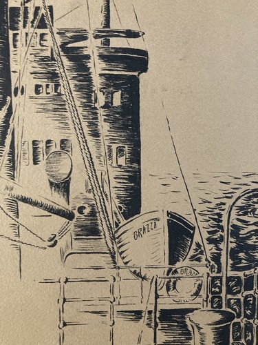 Very Beautiful Drawing Black Ink 1920 Brazza Boat Marine Canoe Buoy Art ...