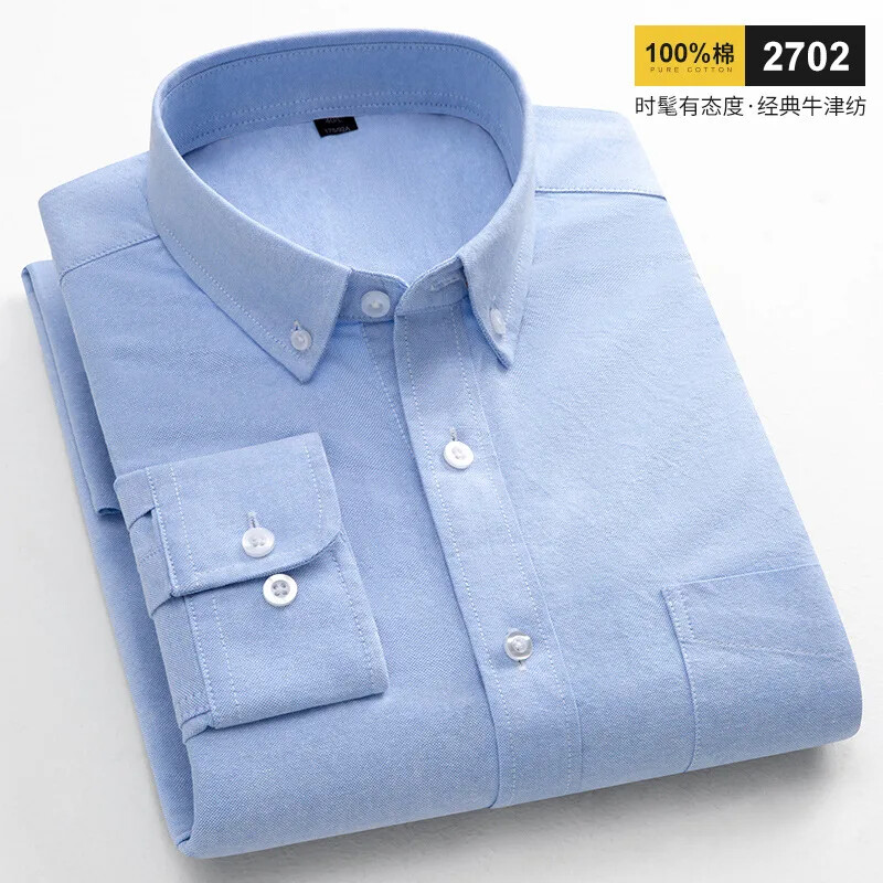 Long-sleeve Shirts Men Plain Shirt 100%cotton Plaid Striped Tops Soft ...
