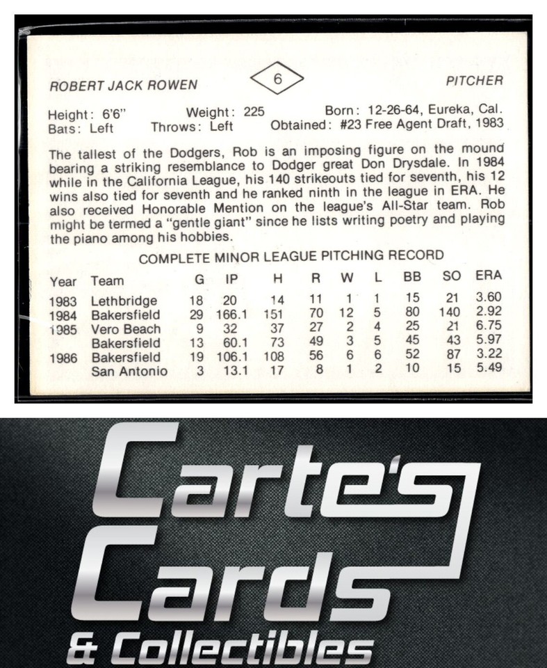 Rob Rowen 1987 San Antonio Dodgers #6 Los Angeles Dodgers | eBay