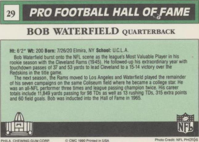 1990 Swell Pro Football Hall of Fame Bob Waterfield #29 for sale | eBay