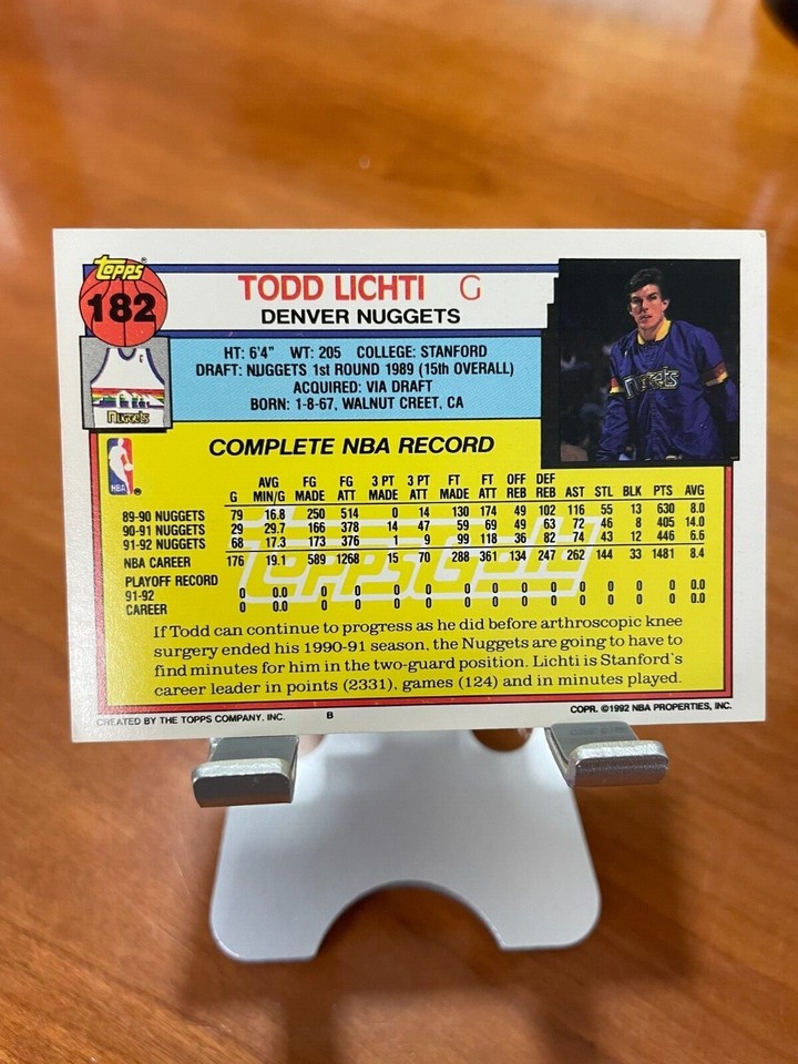 1992-93 Topps Gold Denver Nuggets Basketball Card #182 Gold Todd Lichti ...