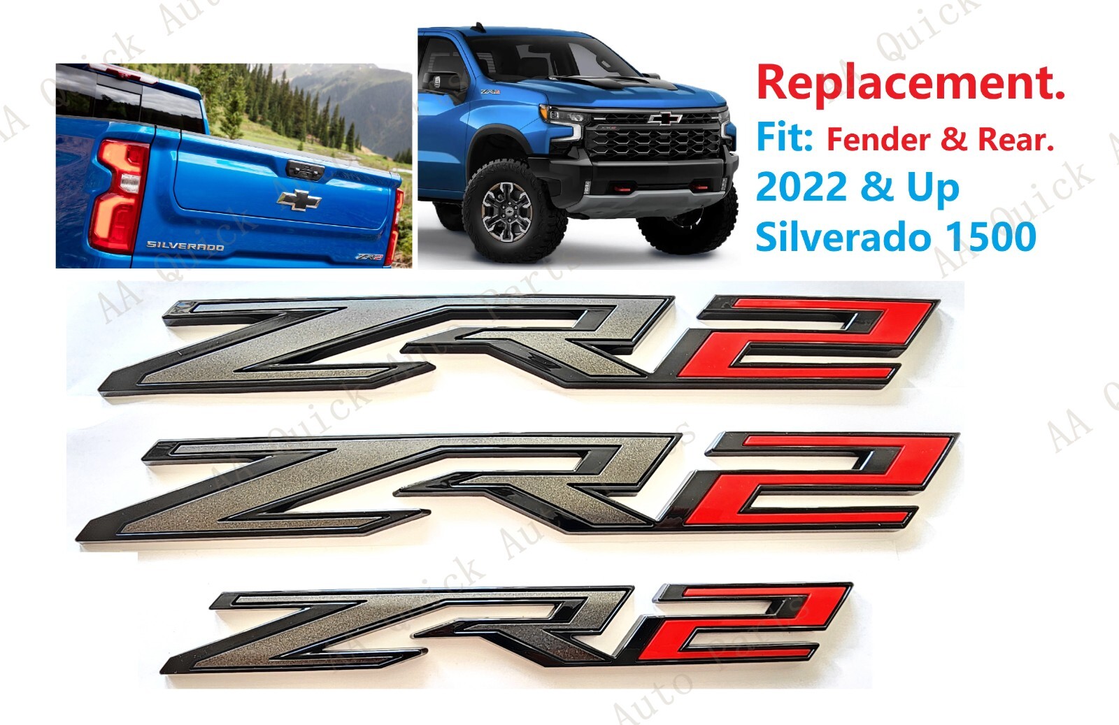 3PCS Gloss Black Red Fender Rear ZR2 Emblem Badge 2022-2024 Chevy ...