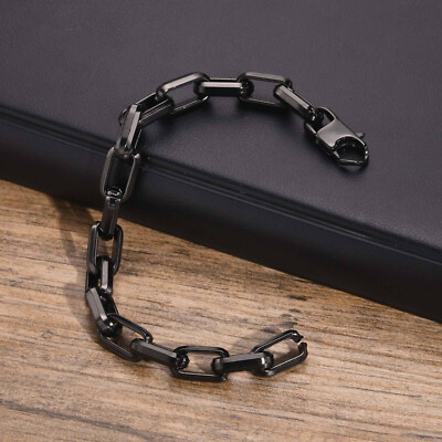 Black 9mm 8.2'' Stainless Steel Solid Square Box Chain Bracelet Mens ...