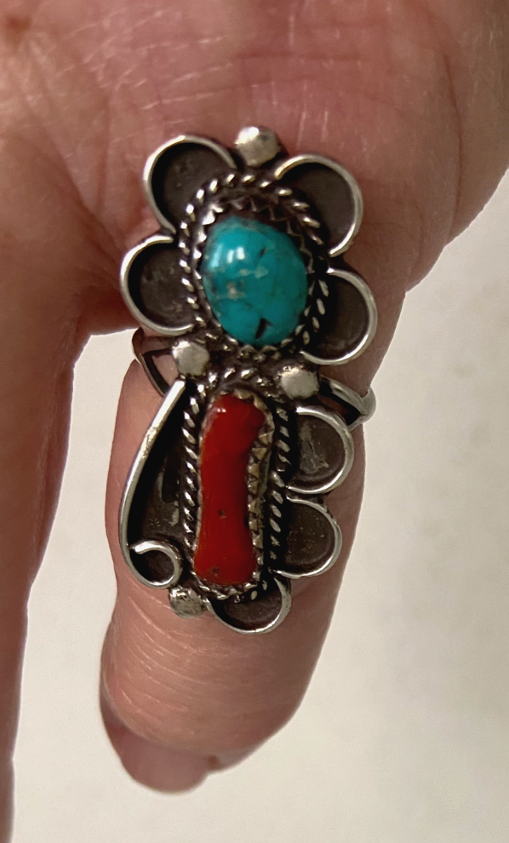 VTG Handcrafted Navajo Sterling Silver Turquoise & Coral Ring Size 7 ...