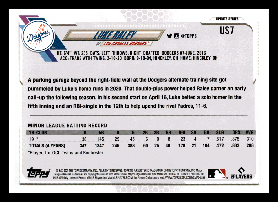 2021 Topps Update Luke Raley Los Angeles Dodgers RC Rookie #US7 ...