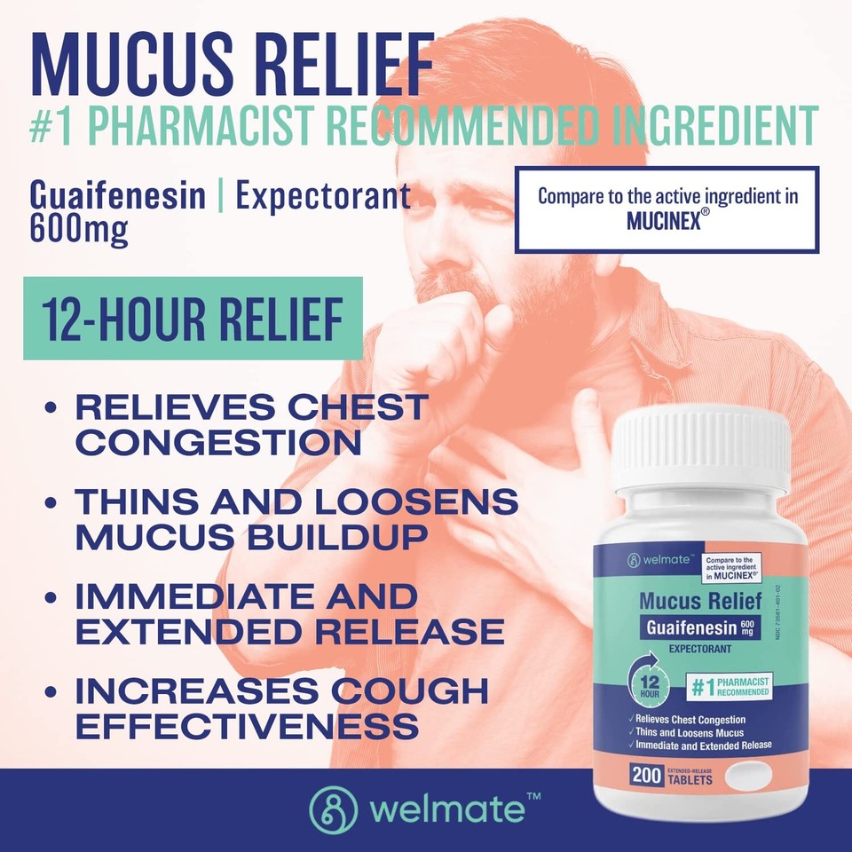 Mucus Relief | Guaifenesin 600mg 12 Hour | 200 Count Extended-Release ...