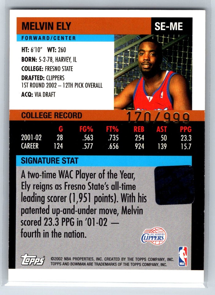 2002-03 Bowman Signature Melvin Ely Rookie Jersey Auto RPA #/999 ...