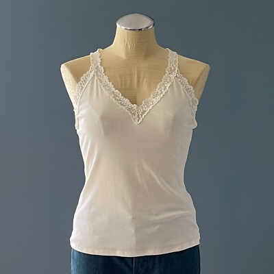 NWT Hanro Top Collection #9245 Cloud Cream Lace Trim Ribbed Tank Top ...