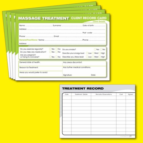 Massage Client Record Card Treatment Consultation Therapists Salons A6 ...