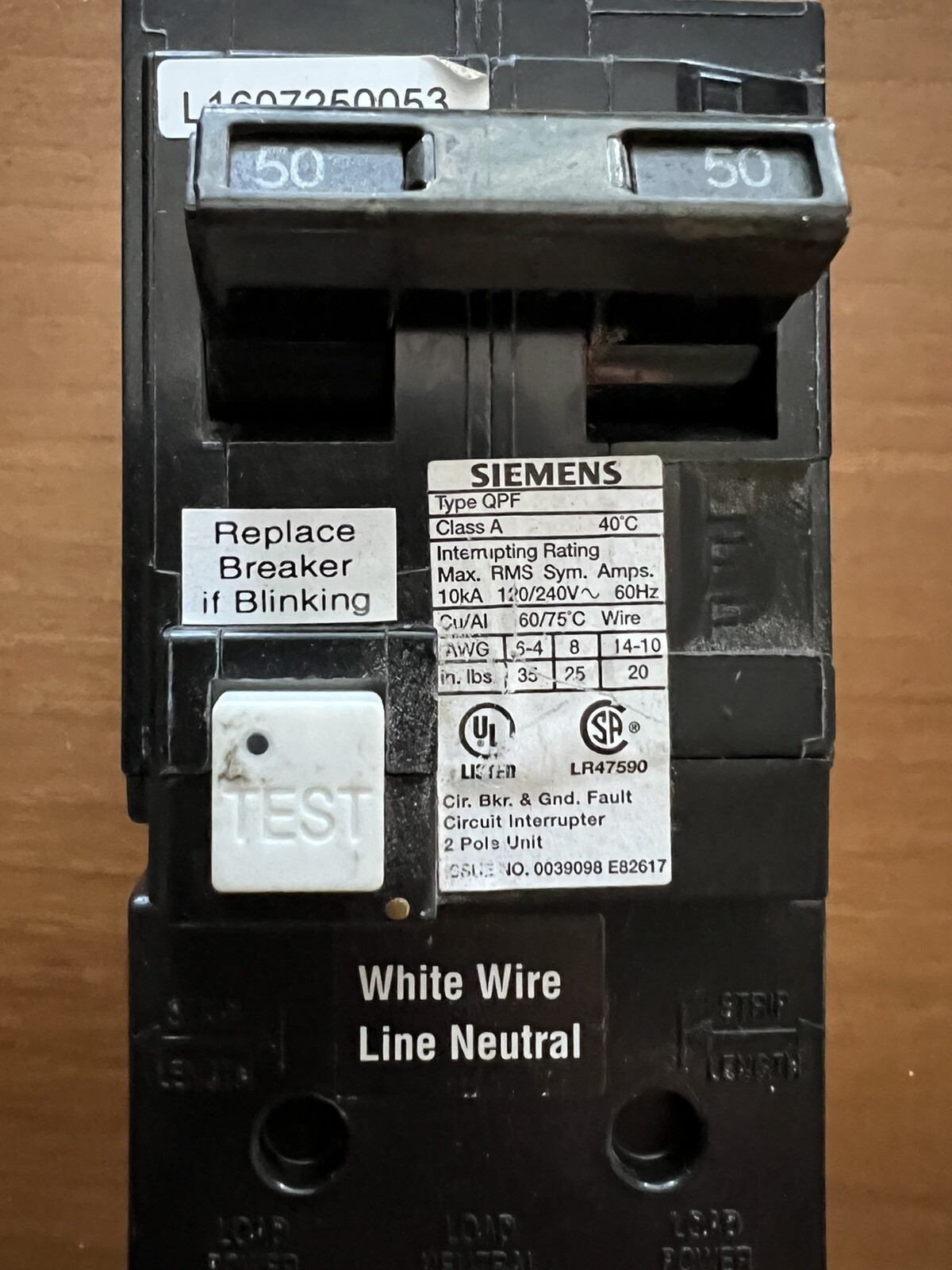 Siemens Type QPF 50 Amp GFCI 2-Pole Ground Fault Circuit Interrupter ...