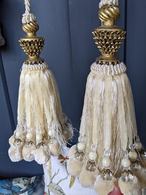 New Pair CREAM Gold Bead POM POMS Shabby Chic Curtain Tassel Rope Hold ...