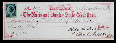 BANK CHECK 1876 NEW YORK STATE BANK OF NEW YORK Beautiful Revenue Stamp ...