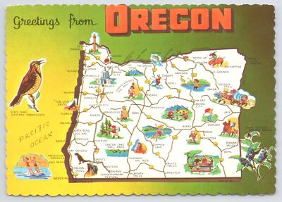 Greetings From Oregon~Pictorial State Map & Bird~Pacific Ocean ...