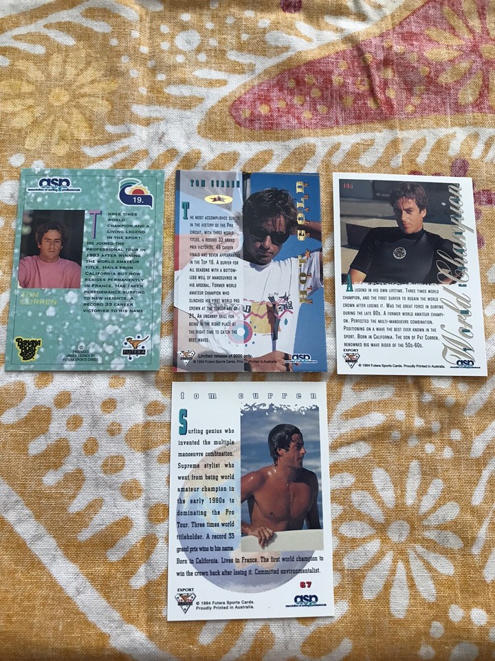 TOM CURREN 4 CARD LOT 1993 & 1994 FUTERA HOT SURF CARDS WORLD CHAMPION ...
