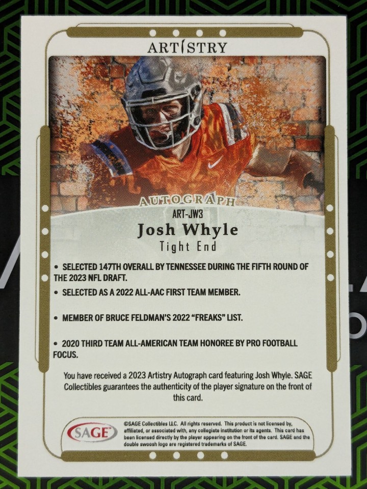 Josh Whyle 2023 Sage Artistry Gold Parallel Auto Tennessee Titans | eBay