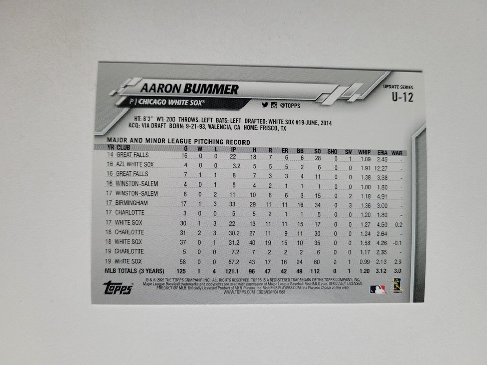 2020 Topps Update Series Baseball #U-12 Aaron Bummer | eBay