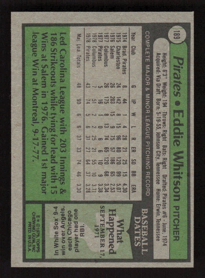 1979 Topps #189 Eddie Whitson Rookie Pittsburgh Pirates | eBay